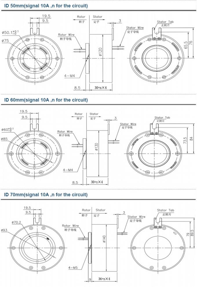 Flange 25.4mm 3 Wires 100RPM 50A Slip Rings Rotary Joint